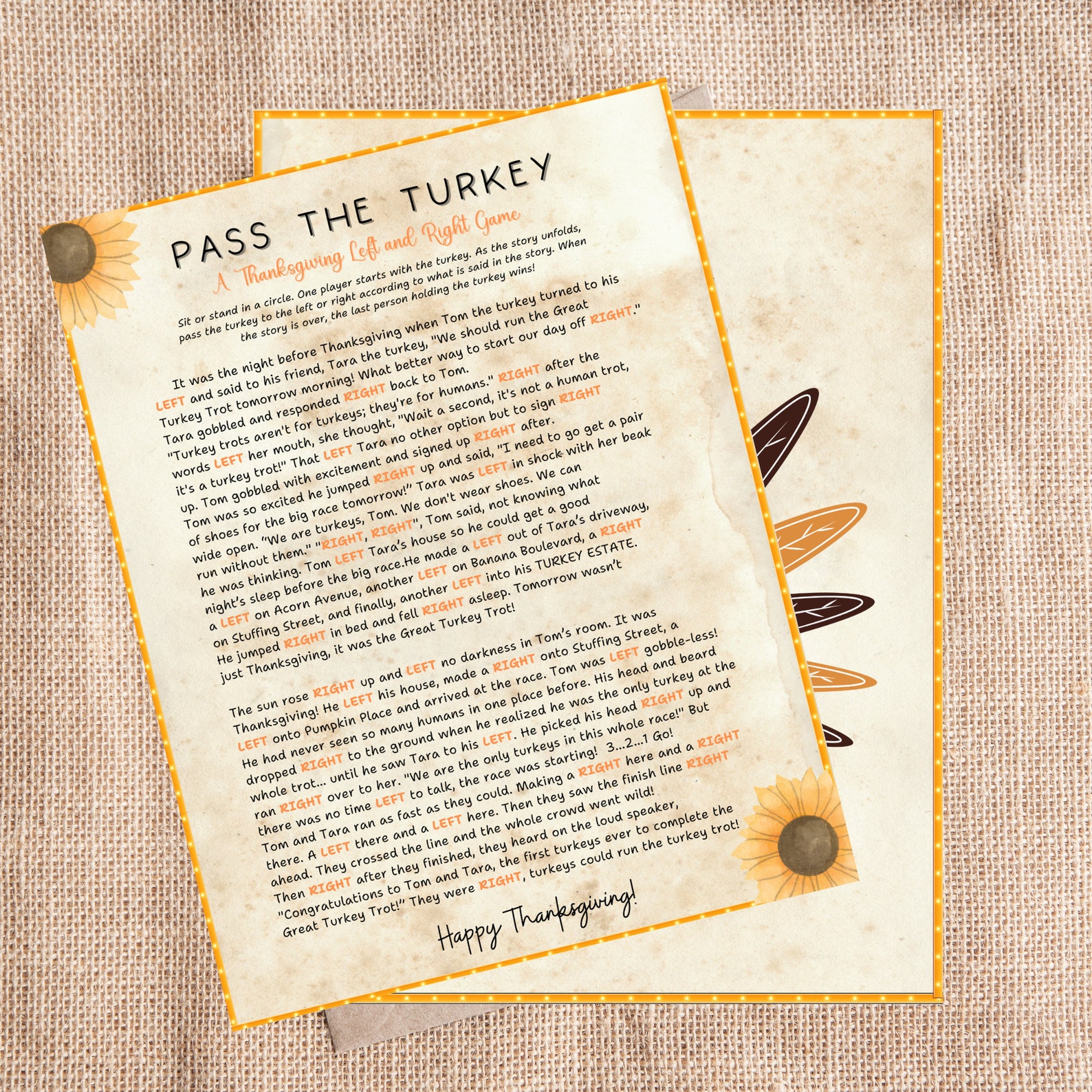Pass the Turkey Thanksgiving Game: Left Right Story (PDF) - Etsy