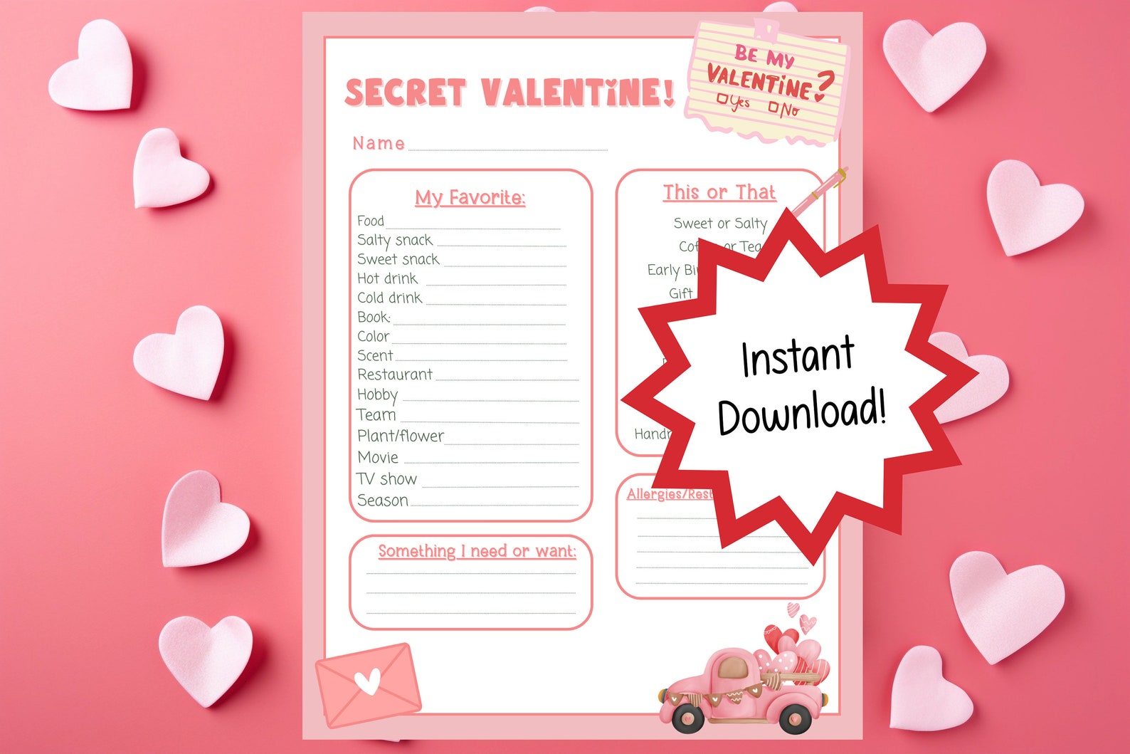 Secret Valentine Questionnaire: Printable Gift Exchange (PDF) - Etsy