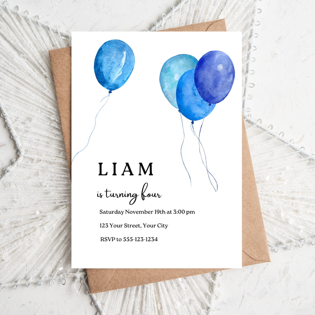 Blue Balloon Birthday Invitation: Minimalist Party Invite (instant ...