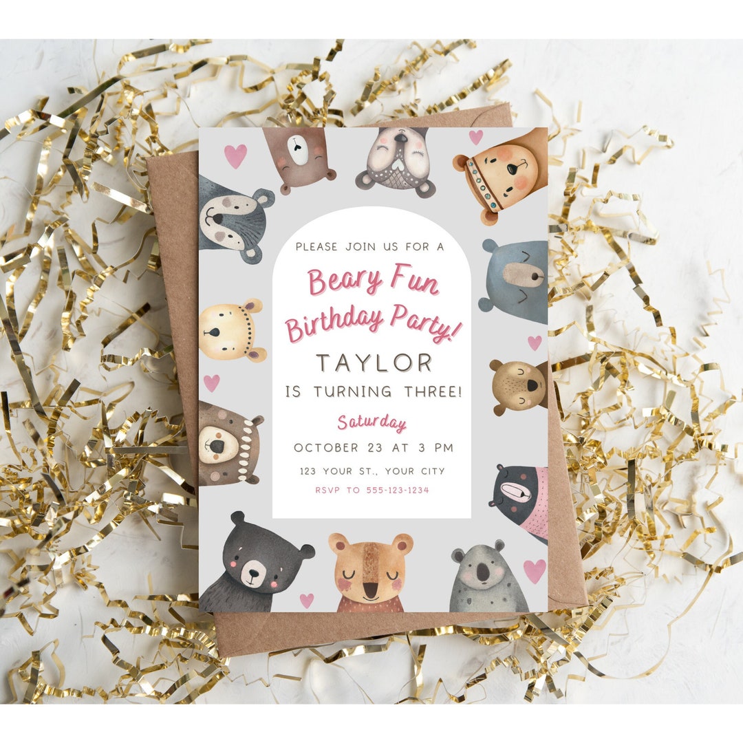 Bear Party Invitation, Beary Fun Birthday Invite, Neutral Boho Editable ...