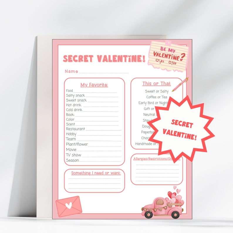 Secret Valentine Questionnaire: Printable Gift Exchange (PDF) - Etsy