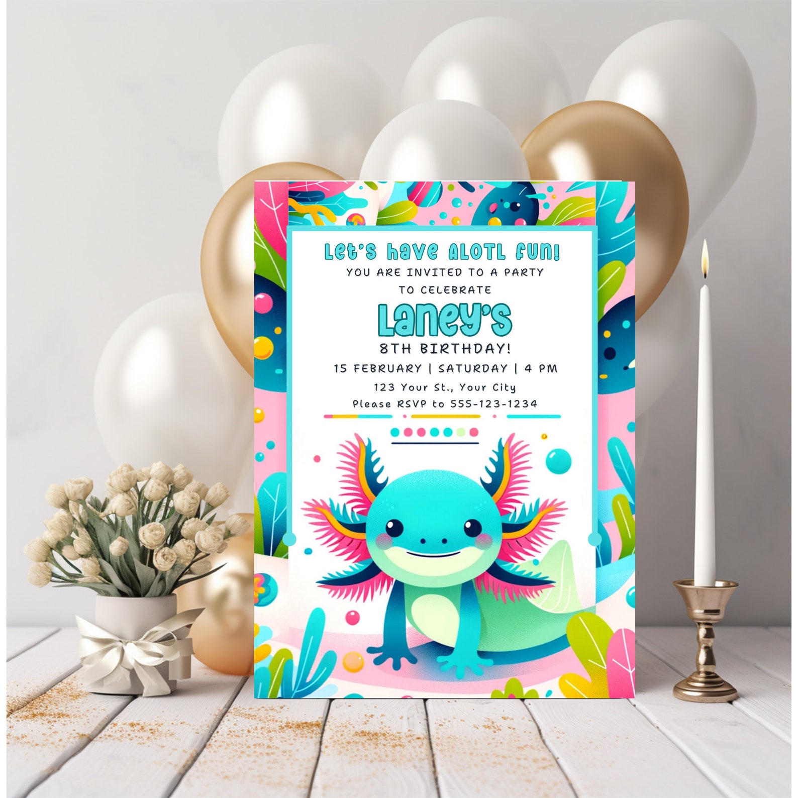 Axolotl Birthday Party Invitation: Editable Canva Template (5x7 Inches ...