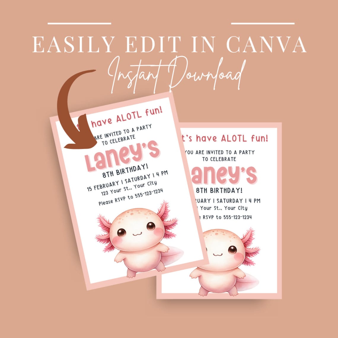 Axolotl Invitation Birthday Girls, Axolotl Editable Birthday Invites ...