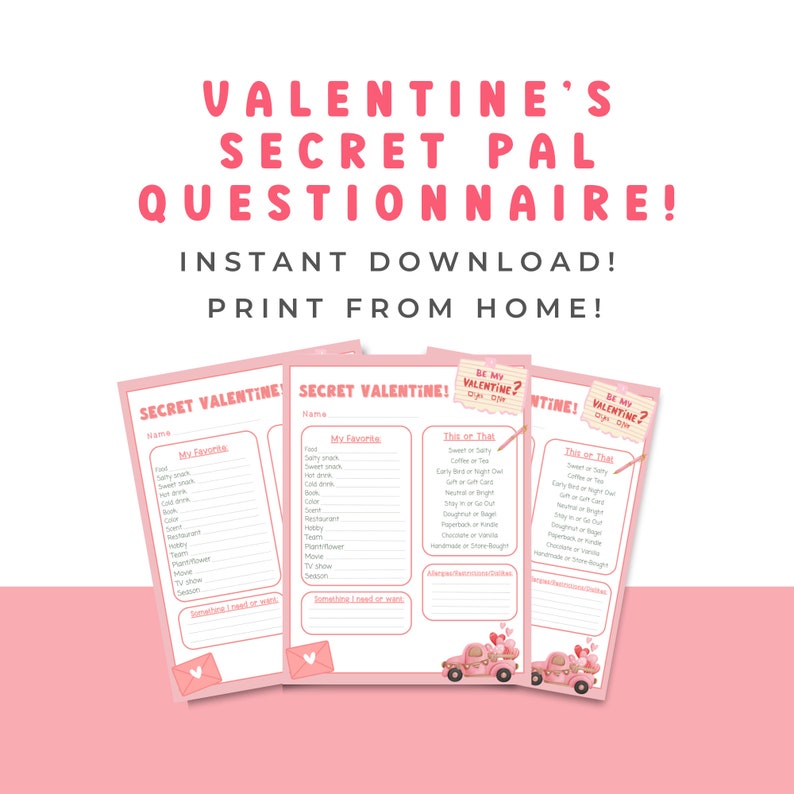 Secret Valentine Questionnaire: Printable Gift Exchange (PDF) - Etsy
