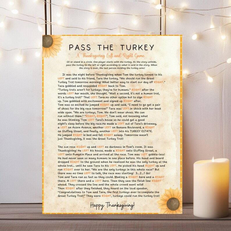 Pass the Turkey Thanksgiving Game: Left Right Story (PDF) - Etsy