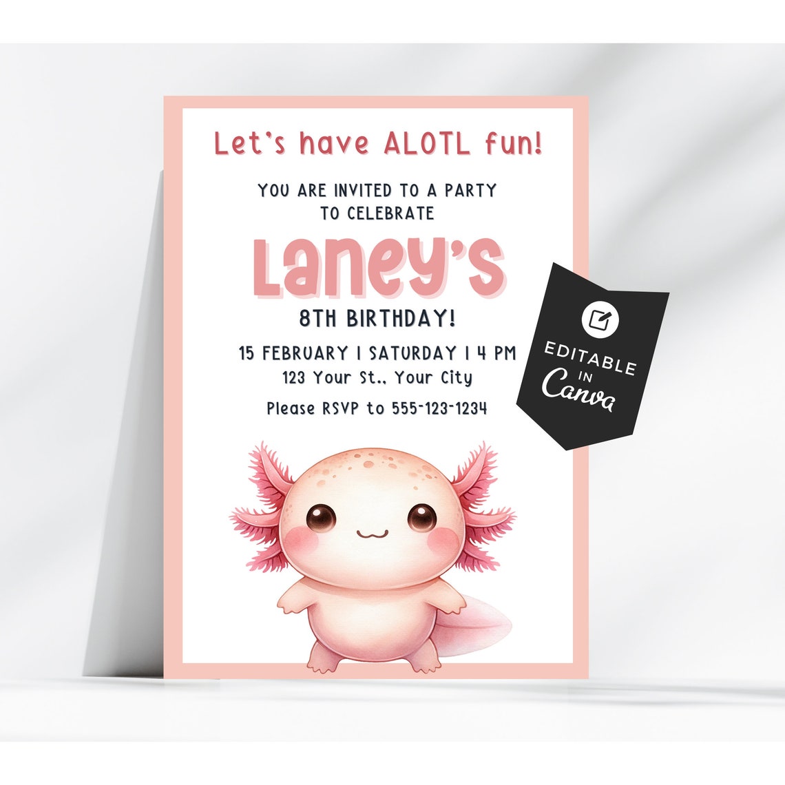 Axolotl Invitation Birthday Girls, Axolotl Editable Birthday Invites ...