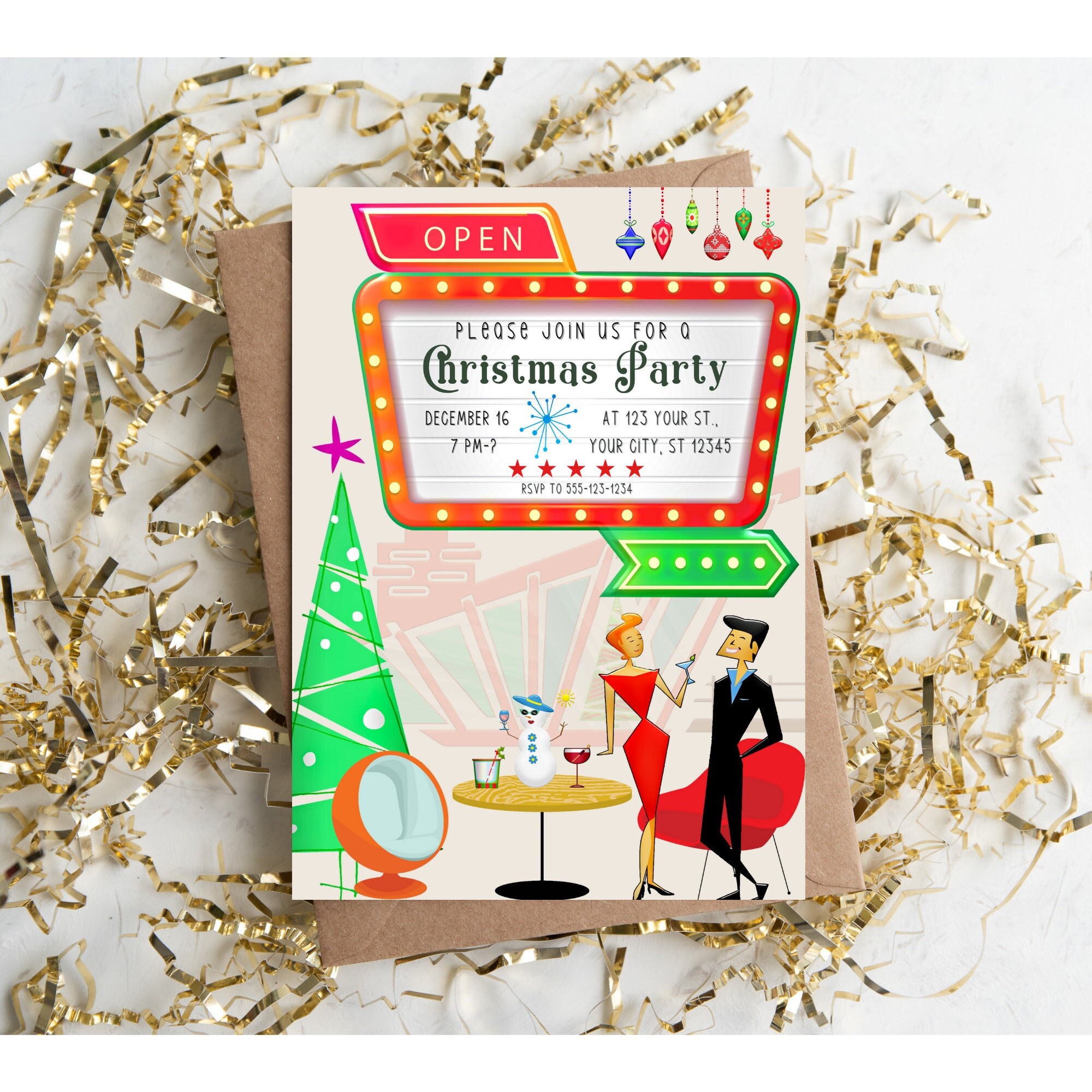 Mid Century Modern Christmas Party Invite, Retro Vintage Xmas Holiday ...