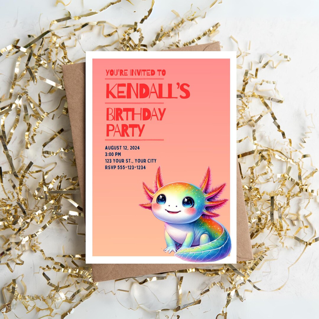 Red Axolotl Party Invitation, Axolotl Editable Birthday Invites ...