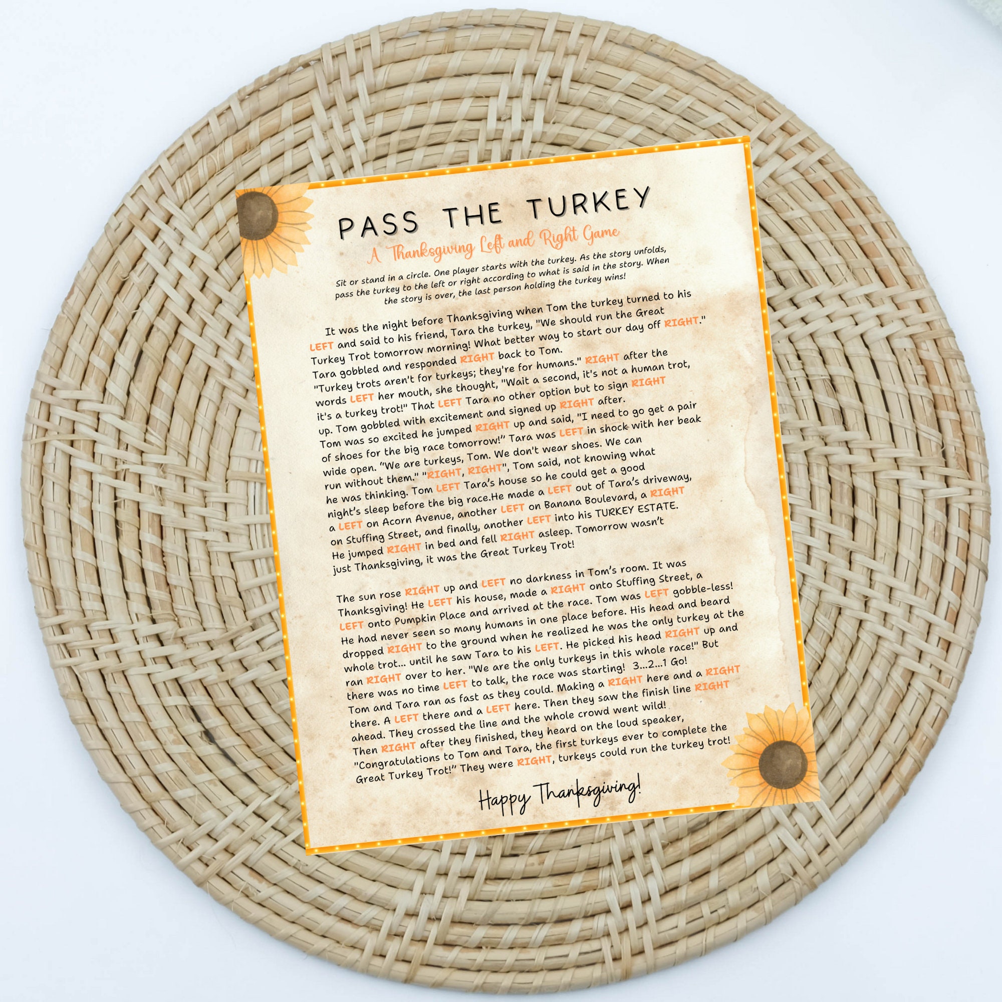 Pass the Turkey Thanksgiving Game: Left Right Story (PDF) - Etsy