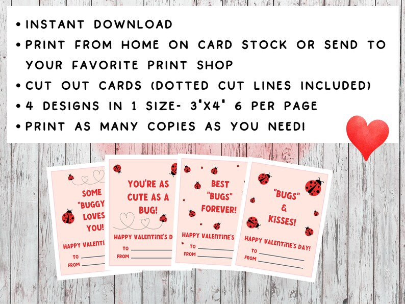 Ladybug Valentines Cards, Girls Printable Unique Valentines Day Cards ...