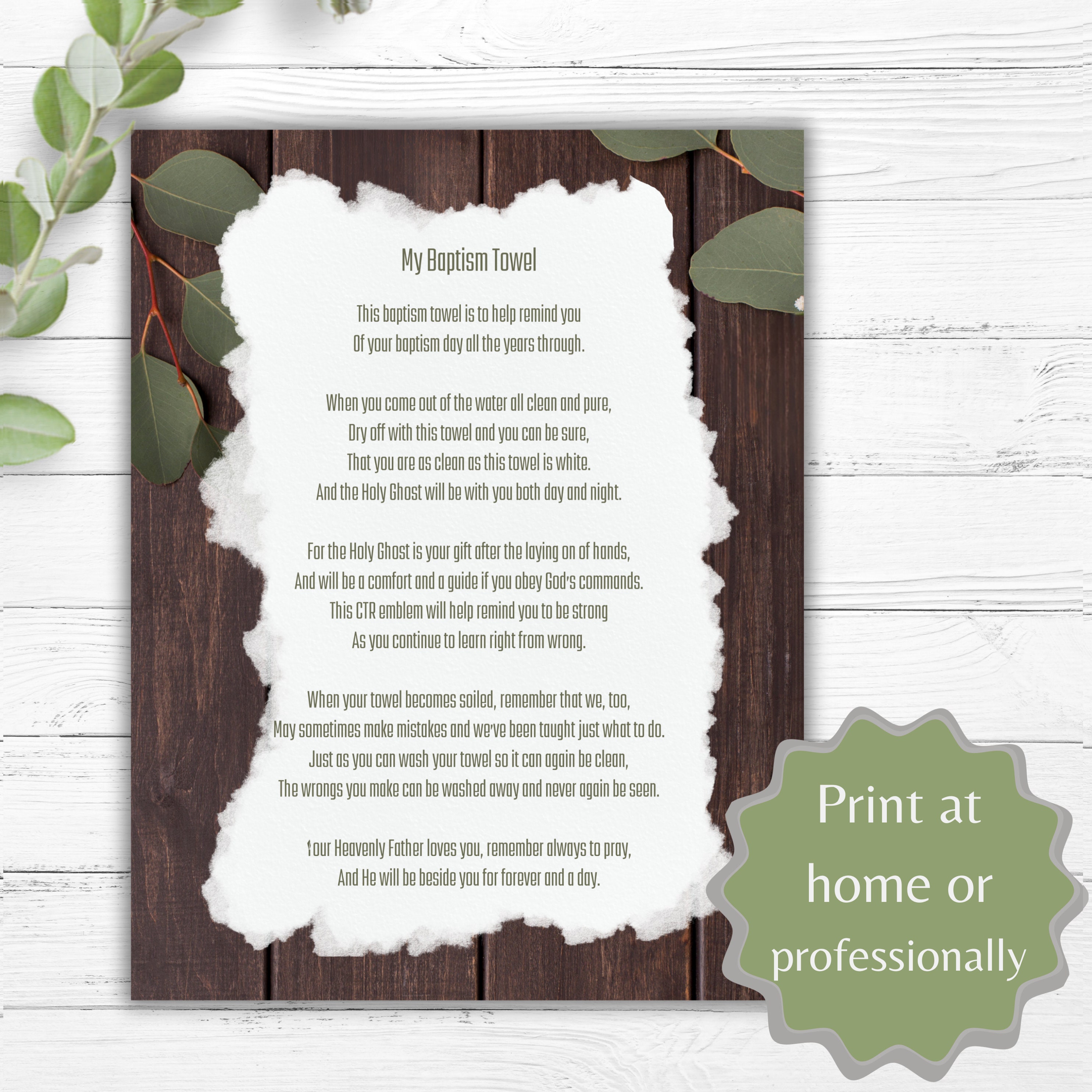 LDS Baptism Towel Card for Boy or Men | Baptism Towel Poem | Great ...