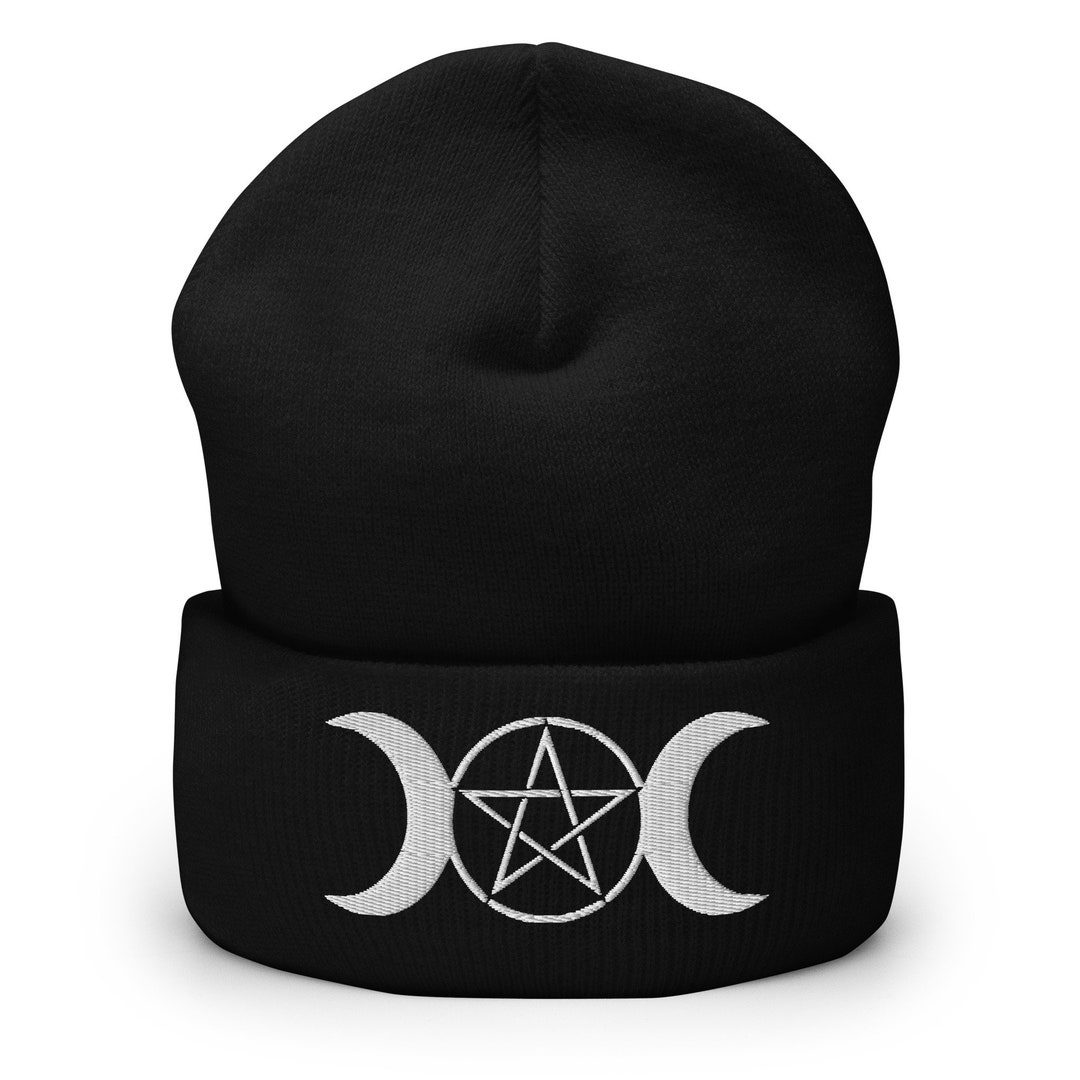 White Triple Moon Goddess Neopagan Pentagram Embroidered Cuffed Beanie ...
