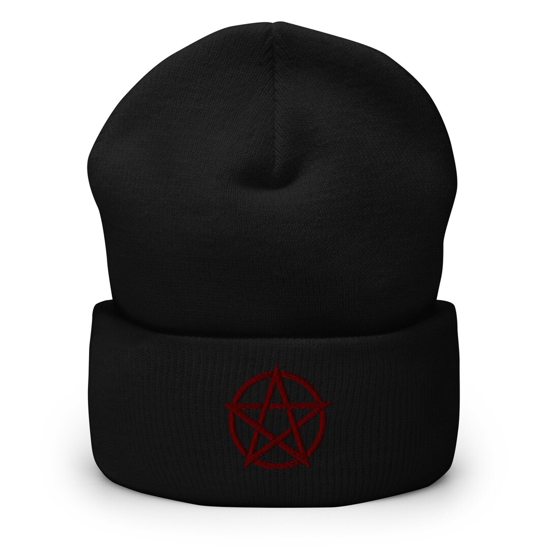 Dark Red Pagan Woven Pentagram Witchcraft Embroidered Cuffed Beanie Cap ...