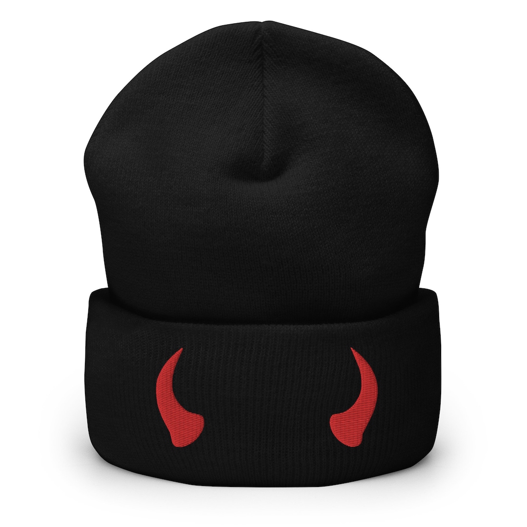 Red Devil Horns Sign of Satan Embroidered Cuffed Beanie Cap - Etsy