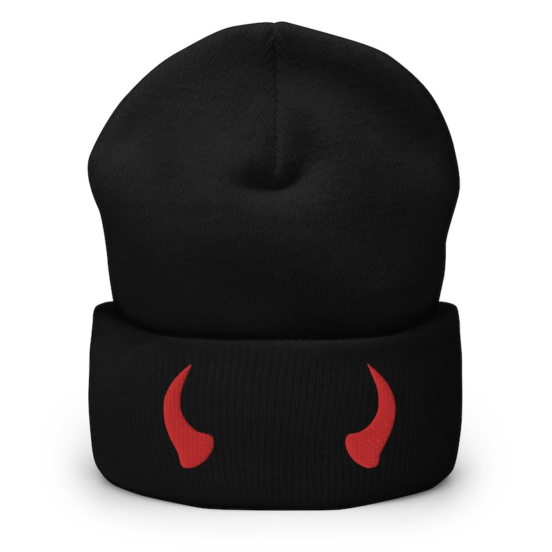 Red Devil Horns Sign of Satan Embroidered Cuffed Beanie Cap - Etsy