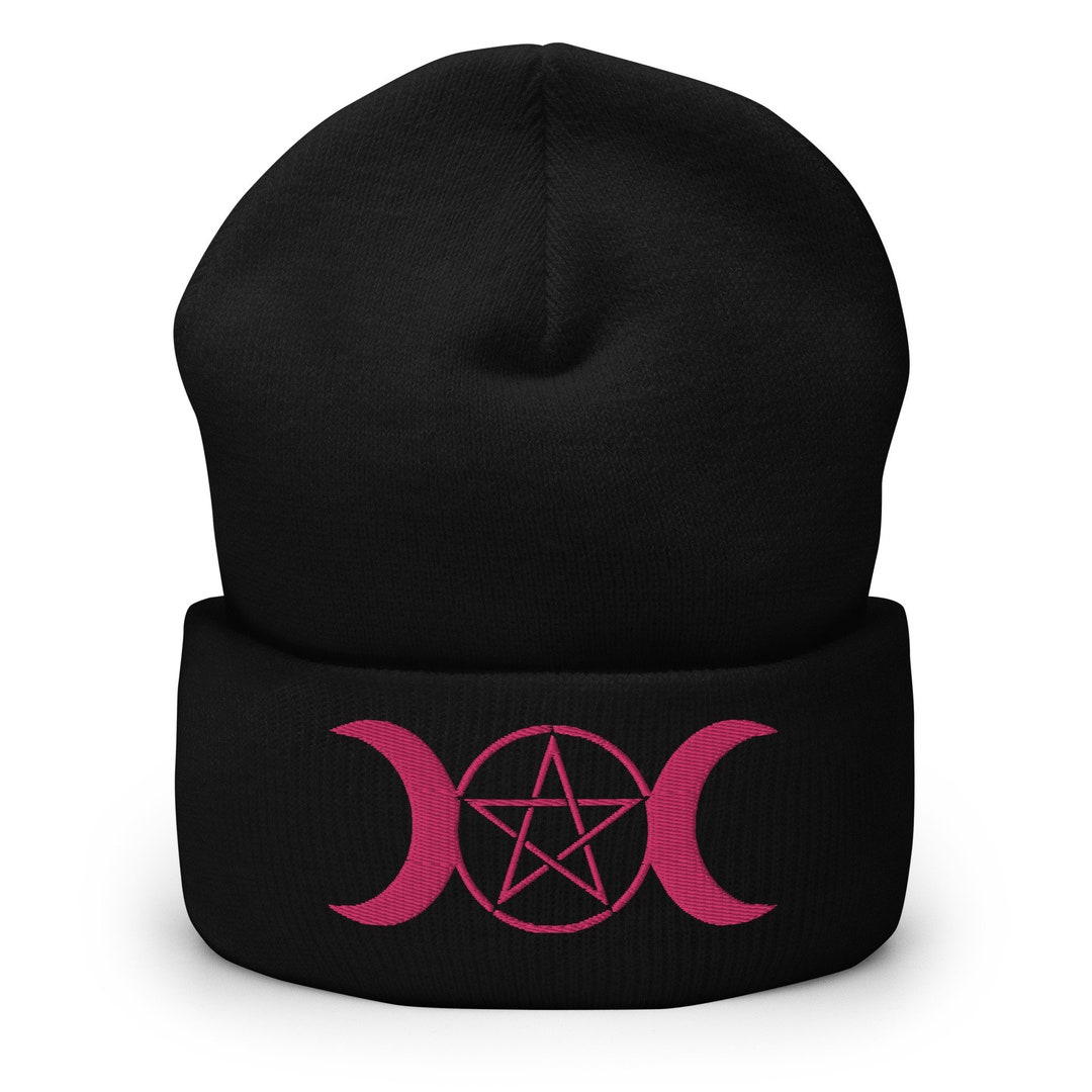 Pink Triple Moon Goddess Neopagan Pentagram Embroidered Cuffed Beanie ...