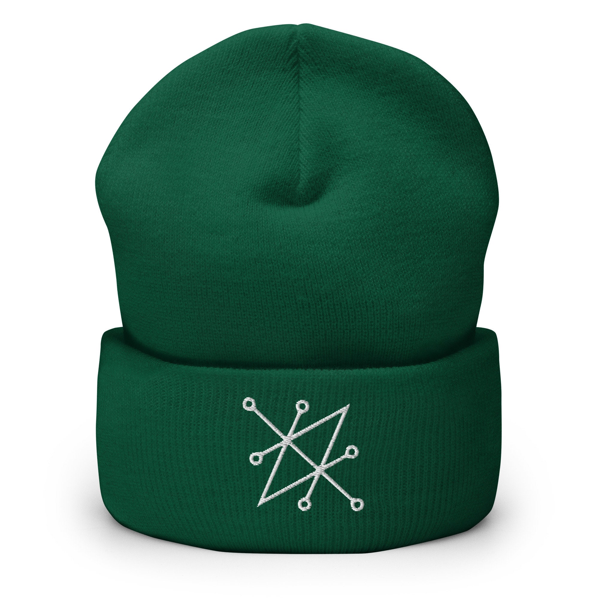 White Sigil Of Fallen Angel Azazel Symbol Embroidered Cuffed Beanie Cap