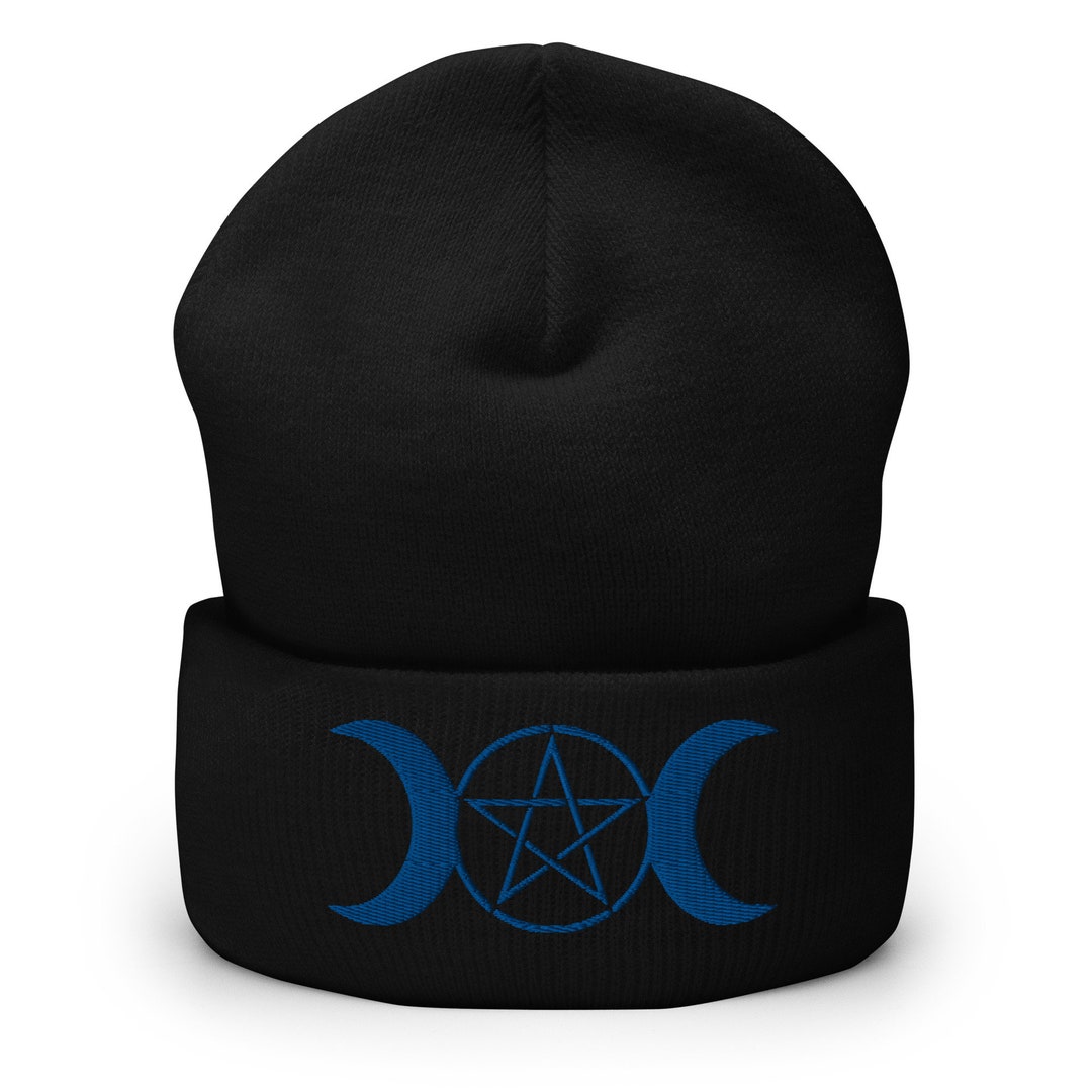 Dark Blue Triple Moon Goddess Neopagan Pentagram Embroidered Cuffed ...