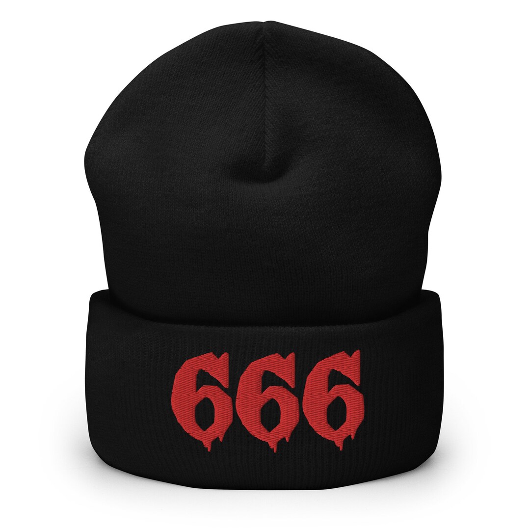 Red 666 Horror Style Number of the Beast Embroidered Cuffed Beanie Cap ...