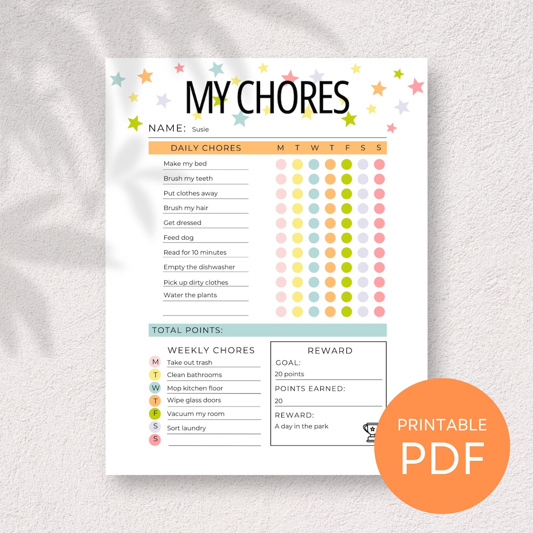 Chore Chart, Printable & Weekly Kids Chore Responsibility Chart ...