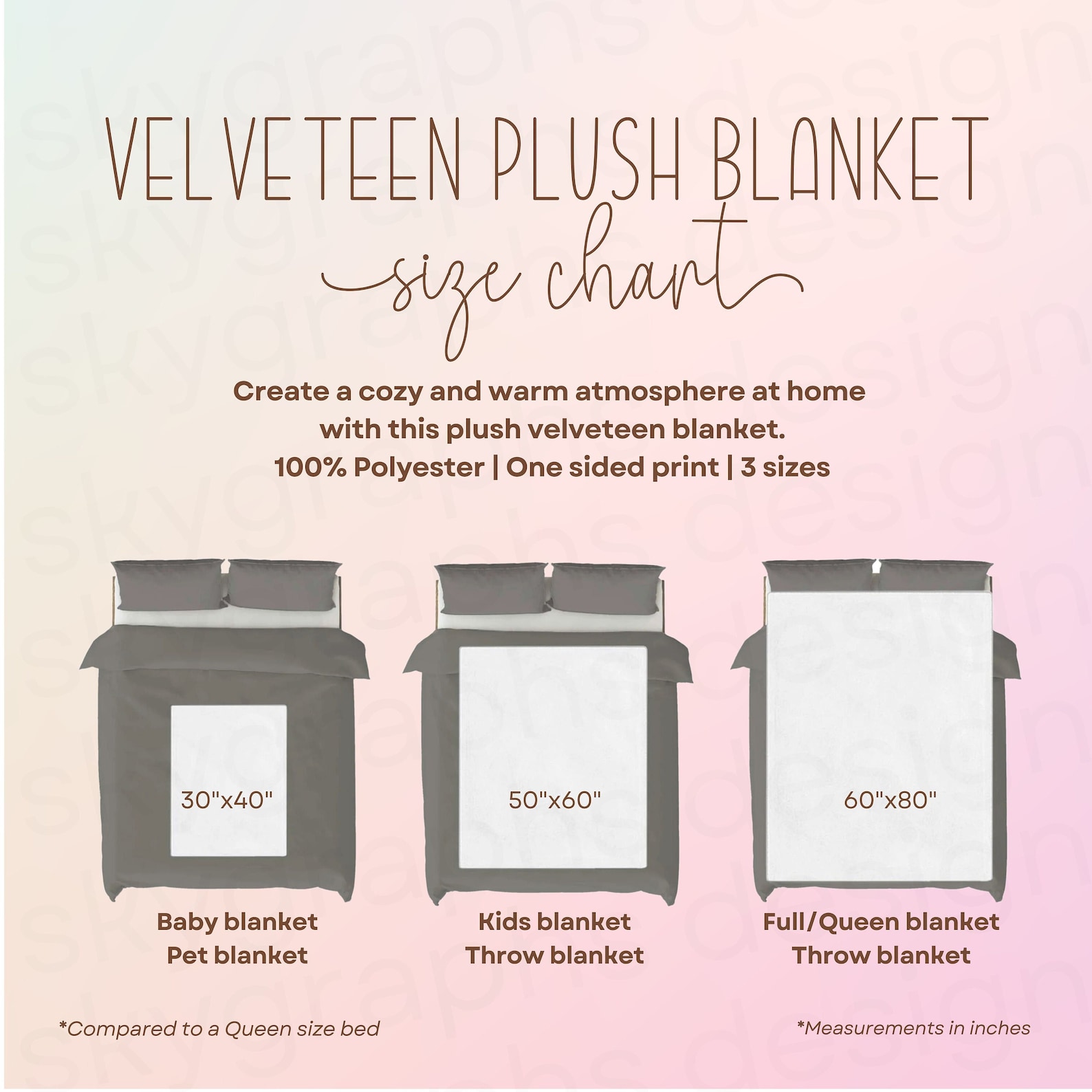 2 Blanket Size Chart, Velveteen Blanket Mockup Size Chart, Throw ...