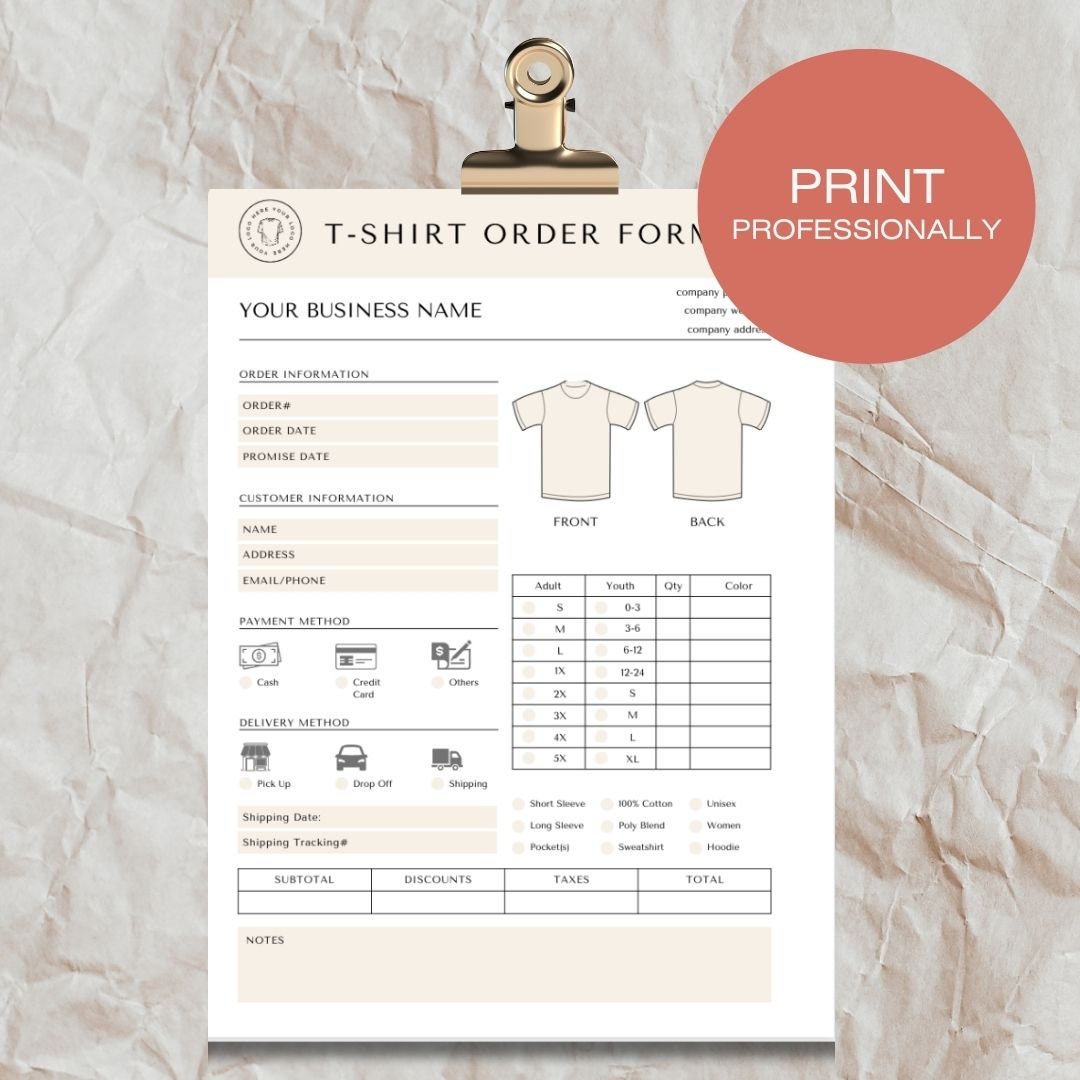 Shirt Order Form Template Editable, Shirt Business Order Fill Out Form ...