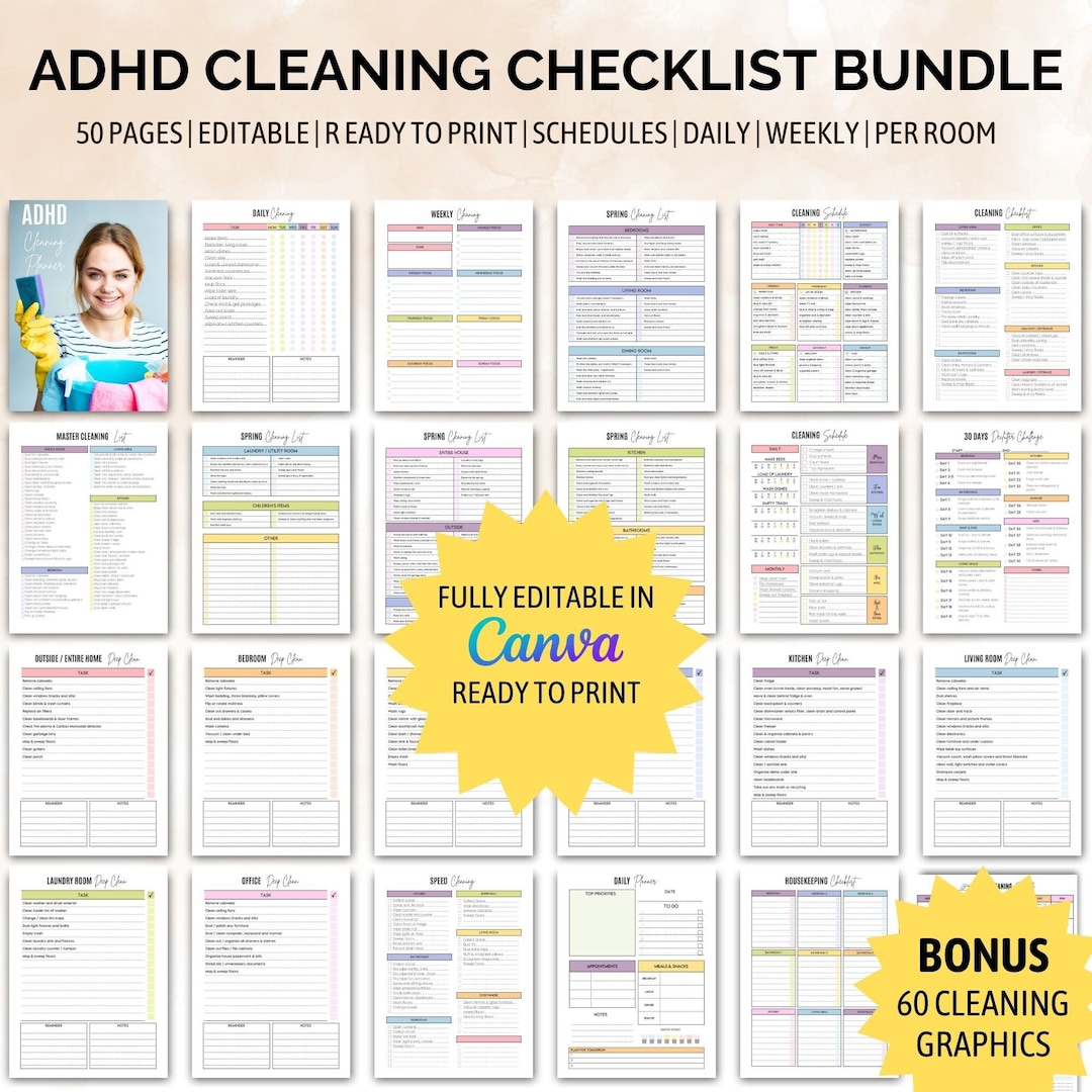 ADHD Cleaning Checklist Bundle Editable Cleaning Schedule Cleaning ...