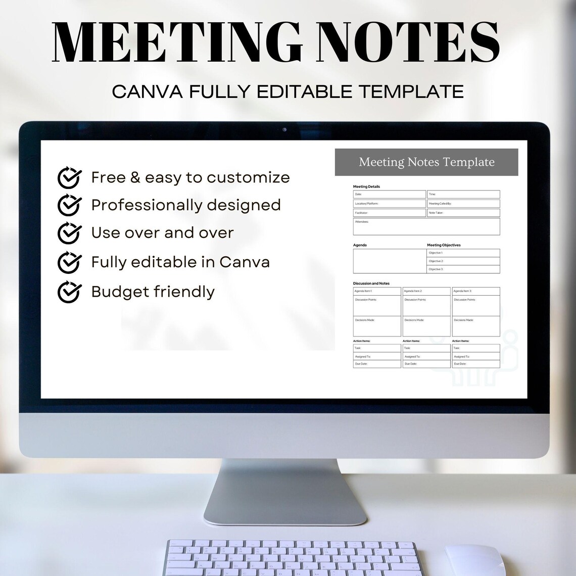 Meeting Minutes Template, EDITABLE Meeting Notes, Business Note Taking ...