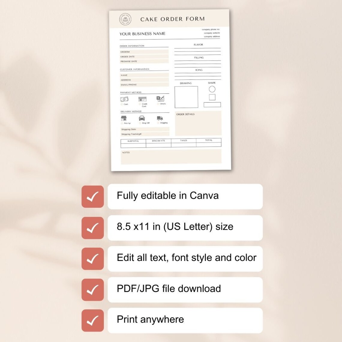 Cake Order Form CANVA Editable Template, DIY Cake Business Invoice ...