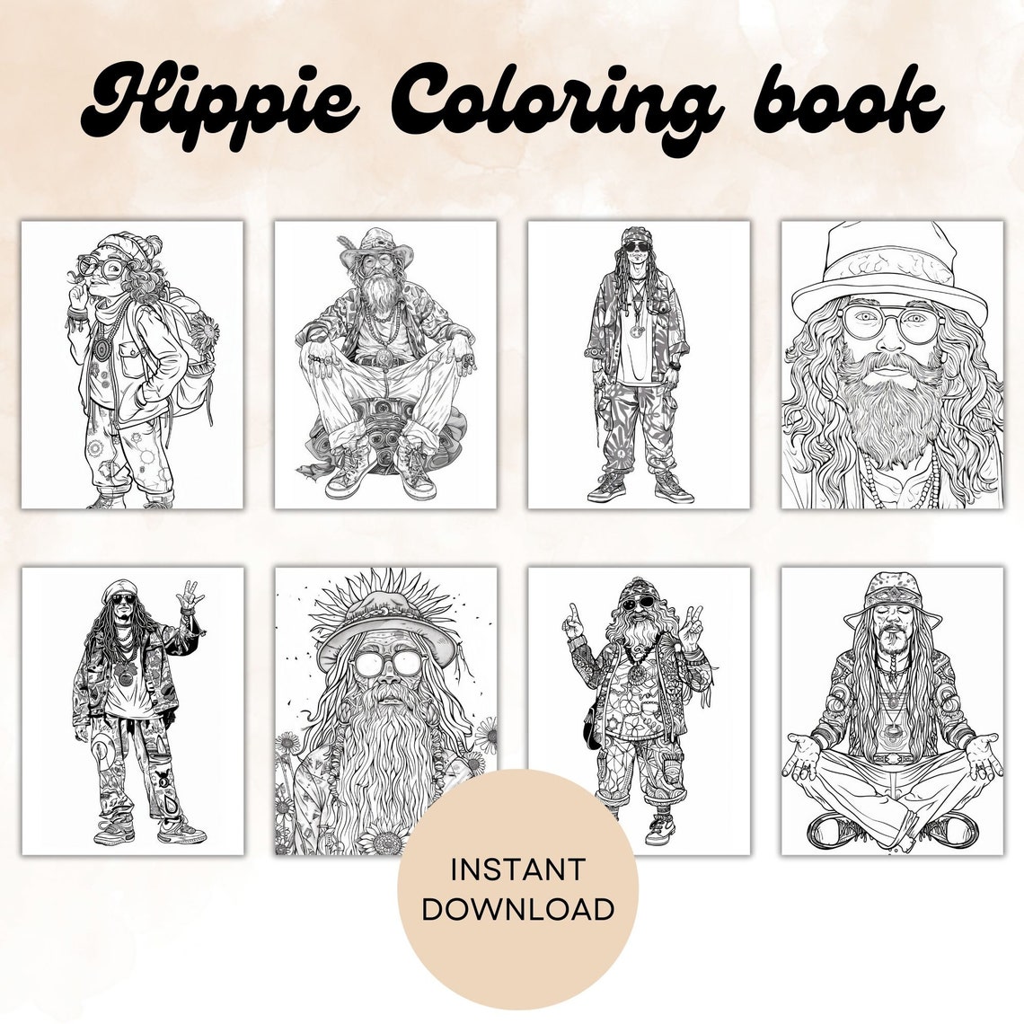 25 Boho Coloring Book, Printable PDF, Groovy 60s 70s Coloring Pages ...