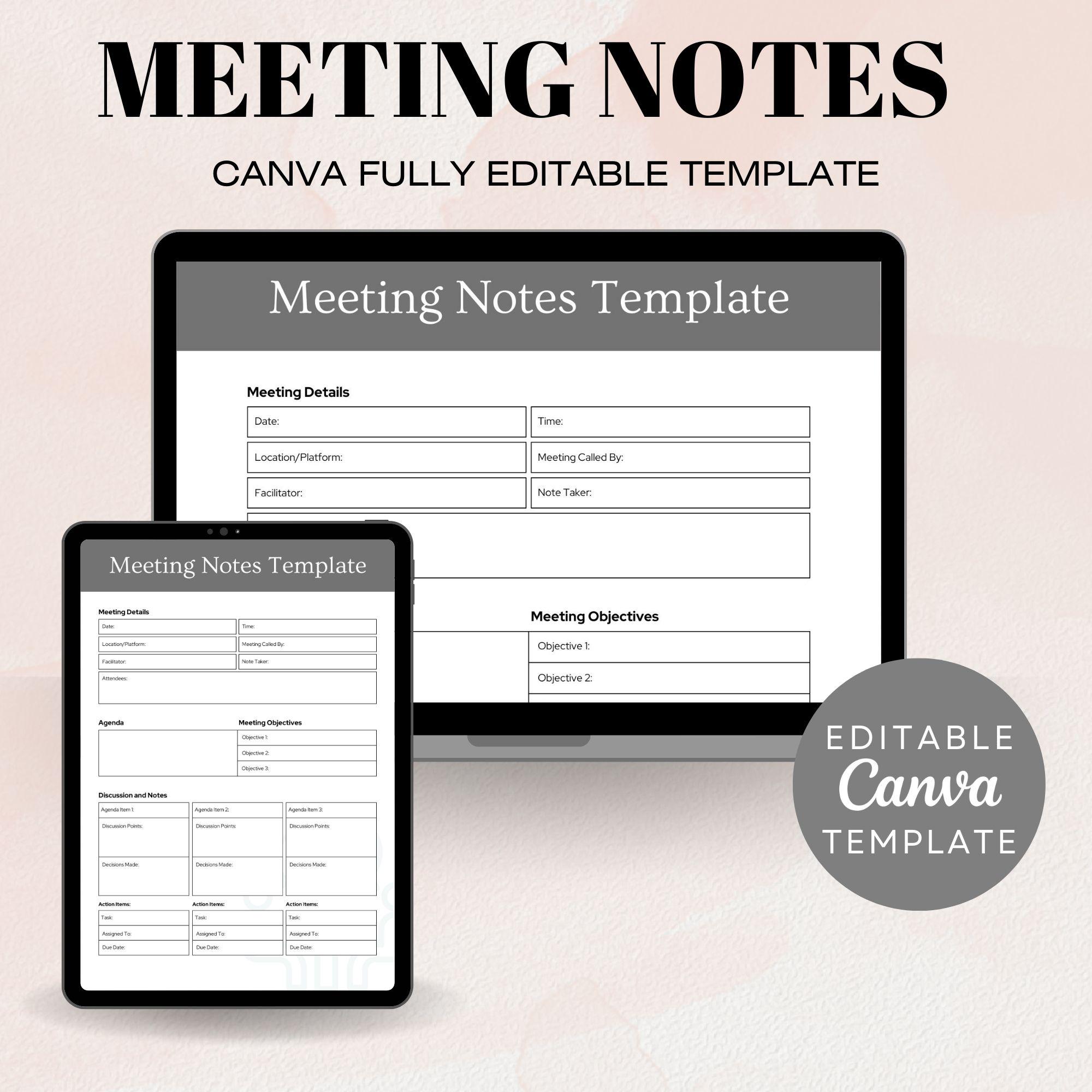 Meeting Minutes Template, EDITABLE Meeting Notes, Business Note Taking ...