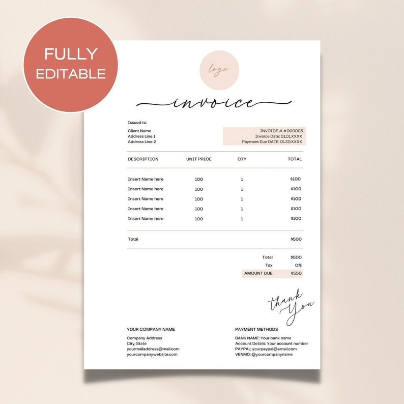 Minimalist Invoice Template Canva, Small Business Invoice Editable ...