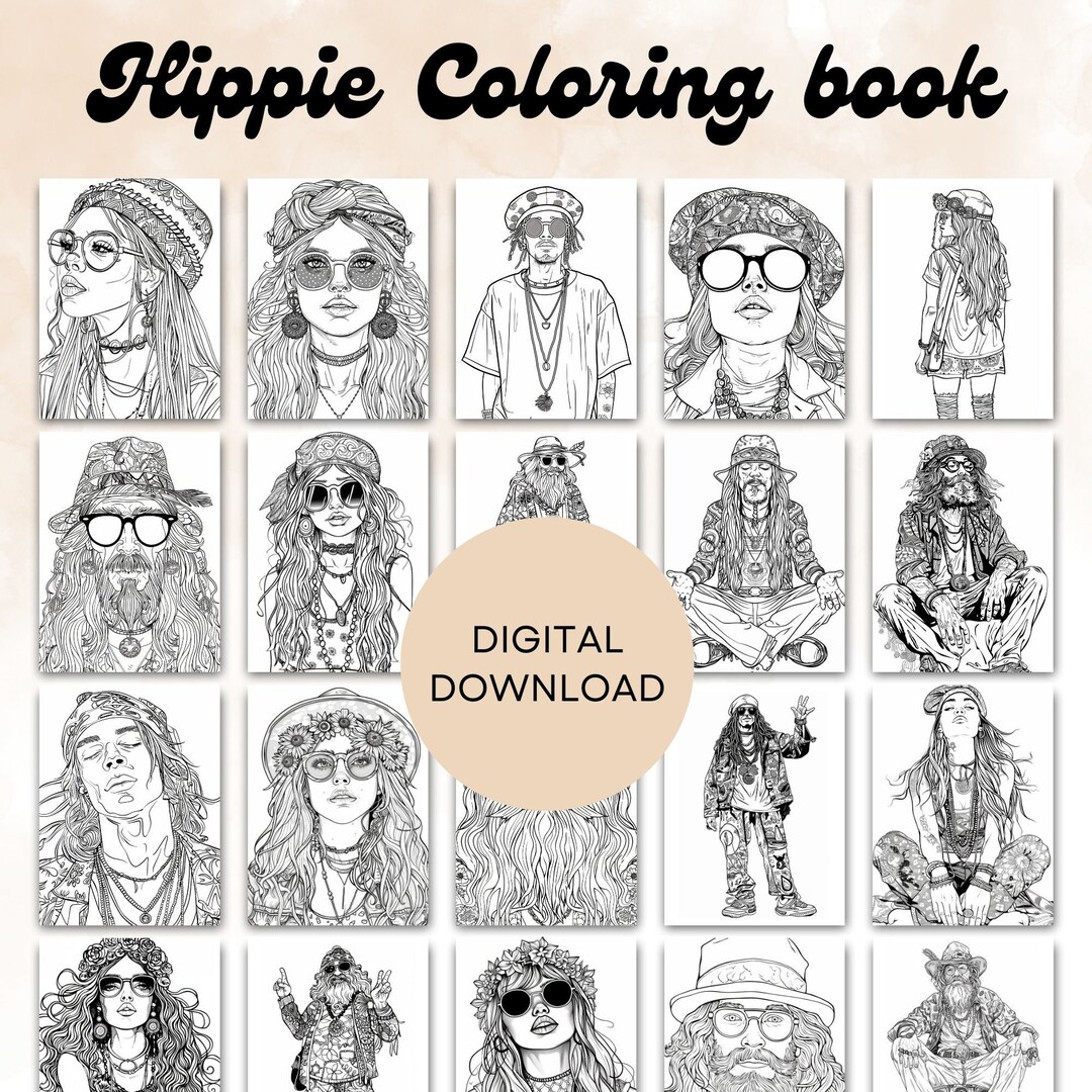 Hippie Printable Adult Coloring Book | Downloadable PDF | 25 Coloring ...