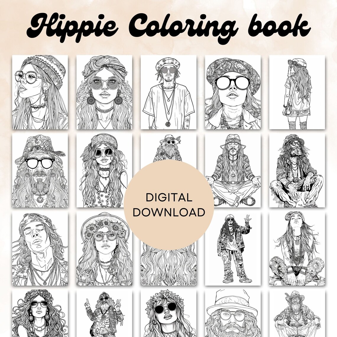 25 Boho Coloring Book, Printable PDF, Groovy 60s 70s Coloring Pages ...