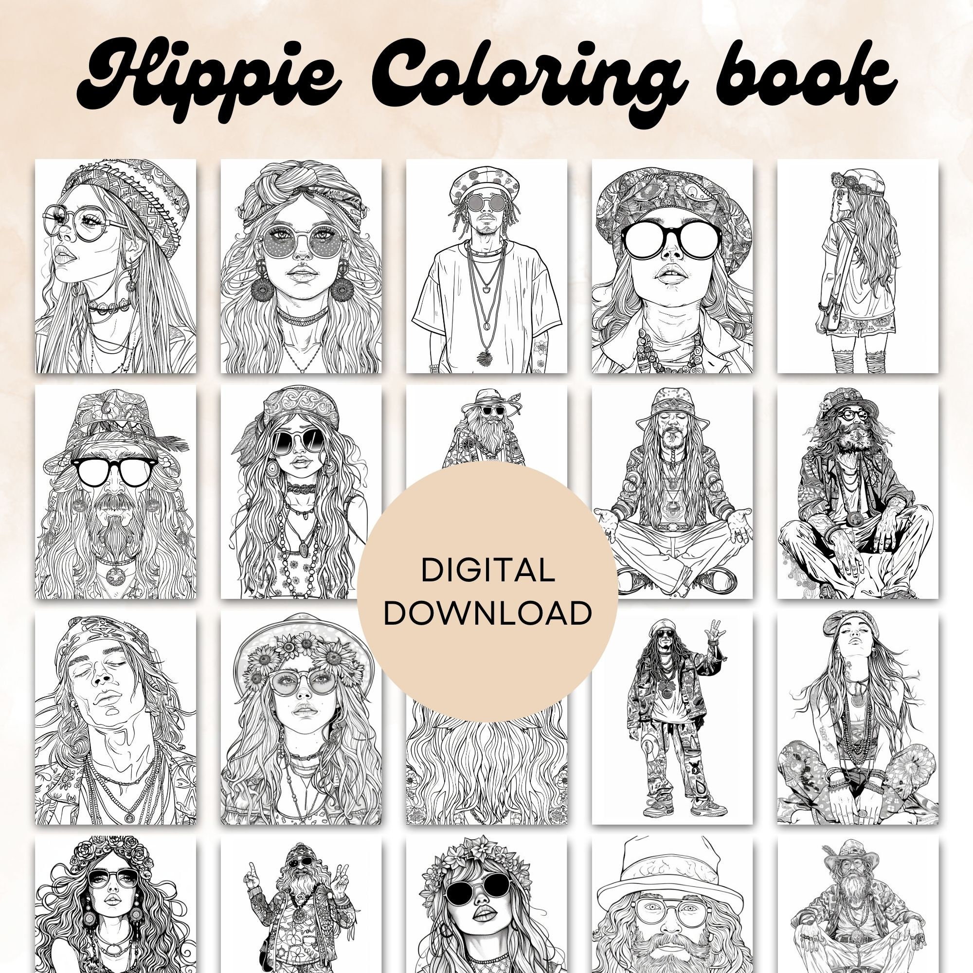 25 Boho Coloring Book, Printable PDF, Groovy 60s 70s Coloring Pages ...