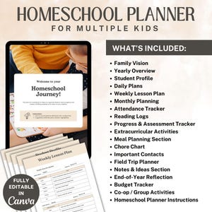 Homeschool Planner Multiple Kids, Schedule Template, Editable Home ...