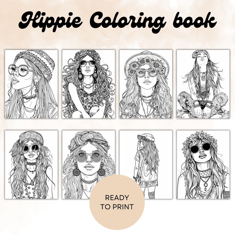 Hippie Printable Adult Coloring Book | Downloadable PDF | 25 Coloring ...