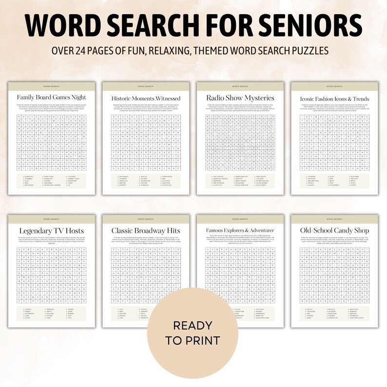 20 Theme Word Search Puzzle Book, Puzzle for Adultos, Instant Digital ...