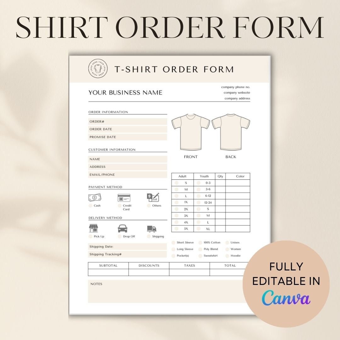Editable T-shirt Order Form Template, Printable Small Business Order ...