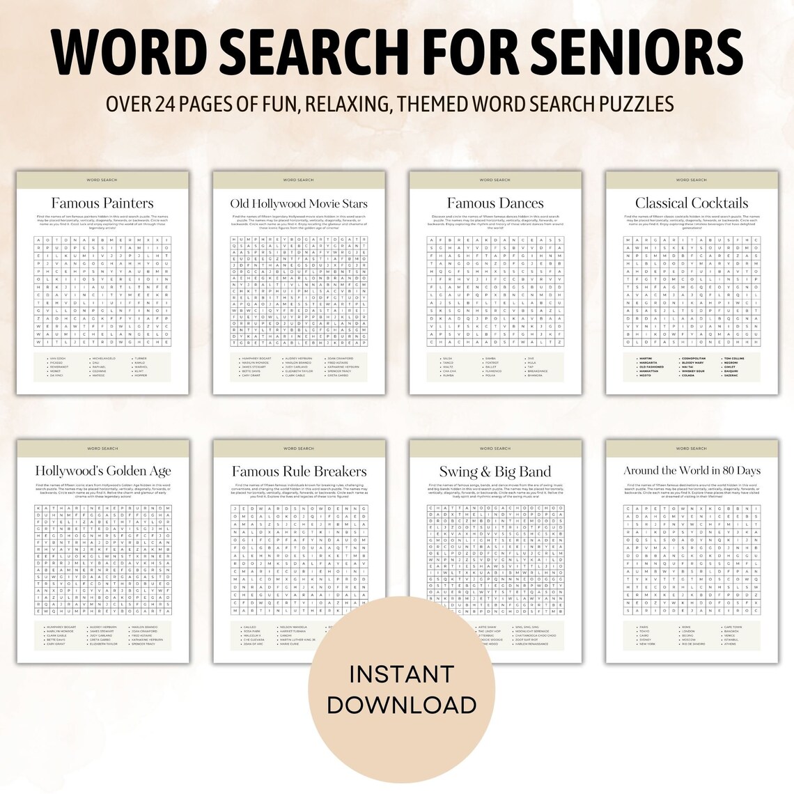 20 Theme Word Search Puzzle Book, Puzzle for Adultos, Instant Digital ...