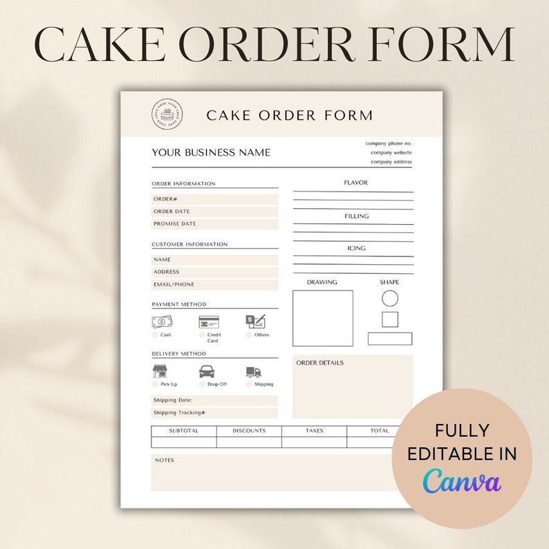 Cake Order Form CANVA Editable Template, DIY Cake Business Invoice ...