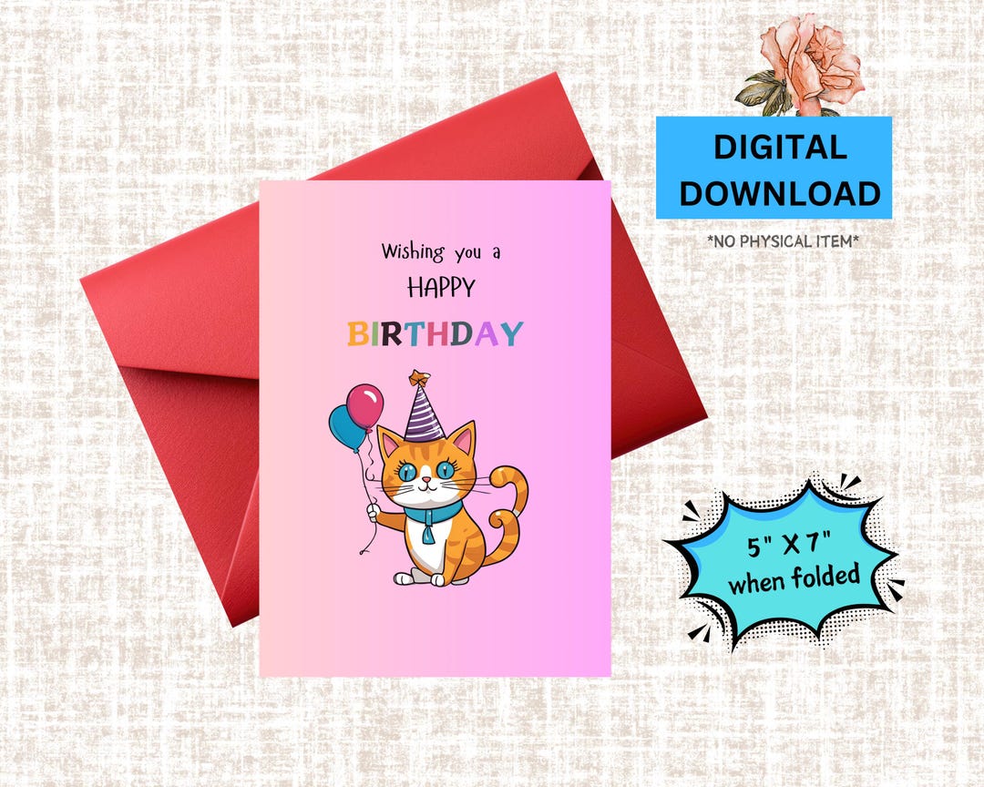Printable Cat-themed Birthday Card, Digital Download for Pet Lovers ...