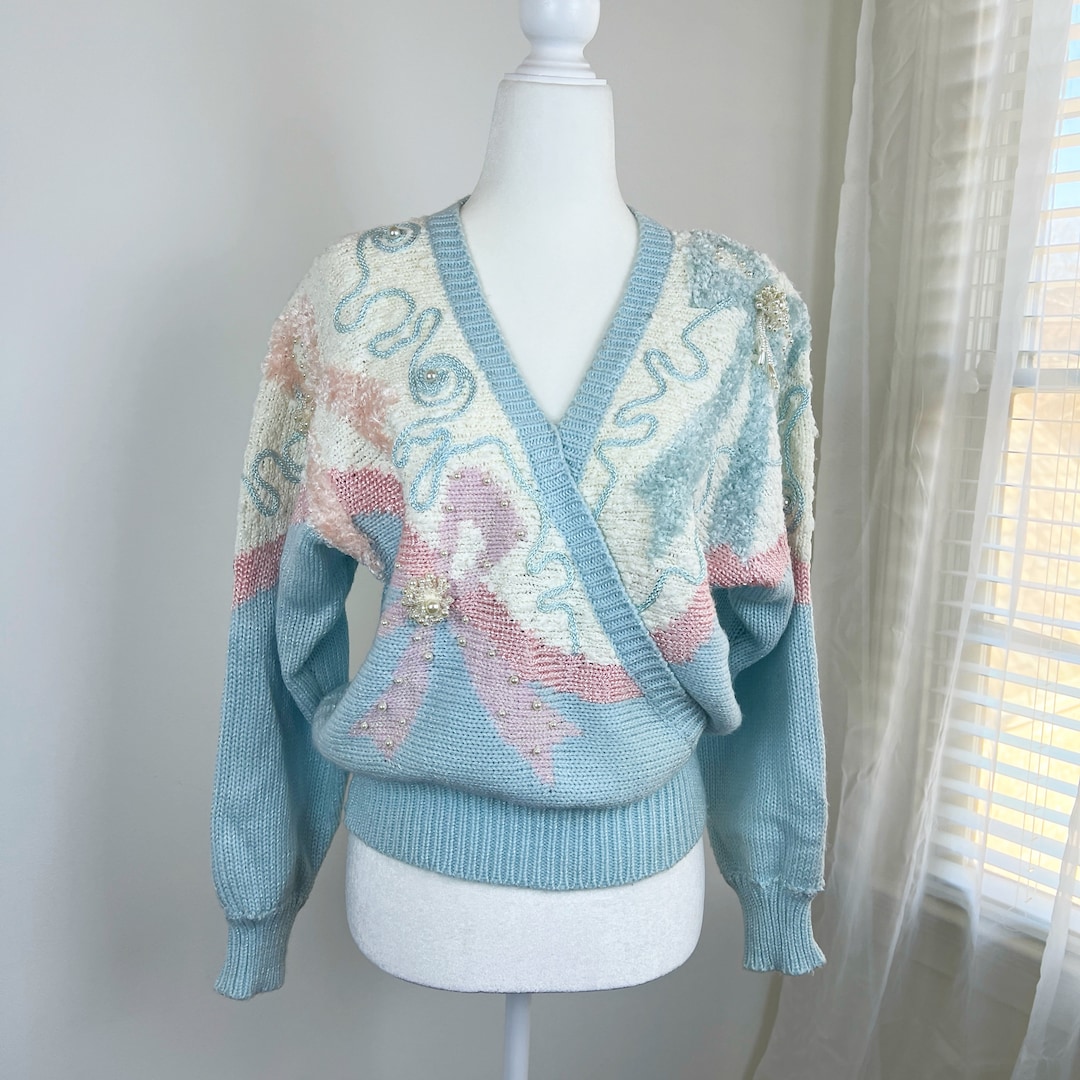 Vintage Jaclyn Smith Sweater: 80s Blue and White Pearl Bows Size M - Etsy