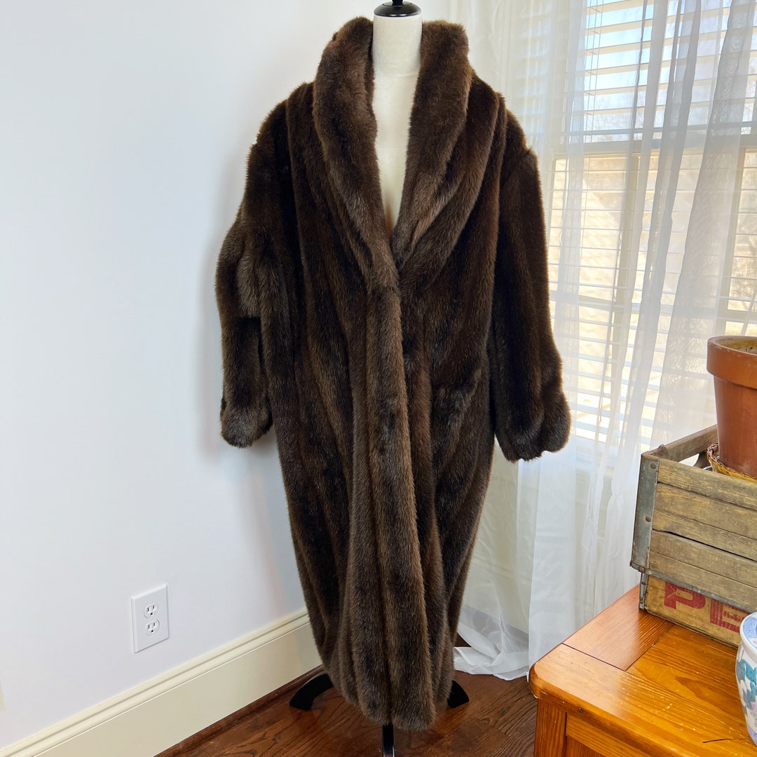 VINTAGE 70s FAUX FUR Dark Cocolate Brown Faux Mink Long Coat/luxury ...