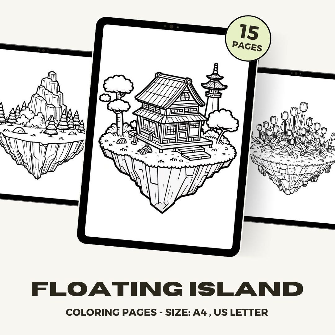 Simple Floating Islands Coloring Pages for Kids, Fantasy Island Instant ...