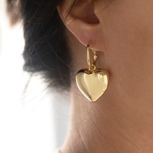 Gold or Silver Plated Large Puff Heart Hoop Earrings Dangle Charm 3D ...
