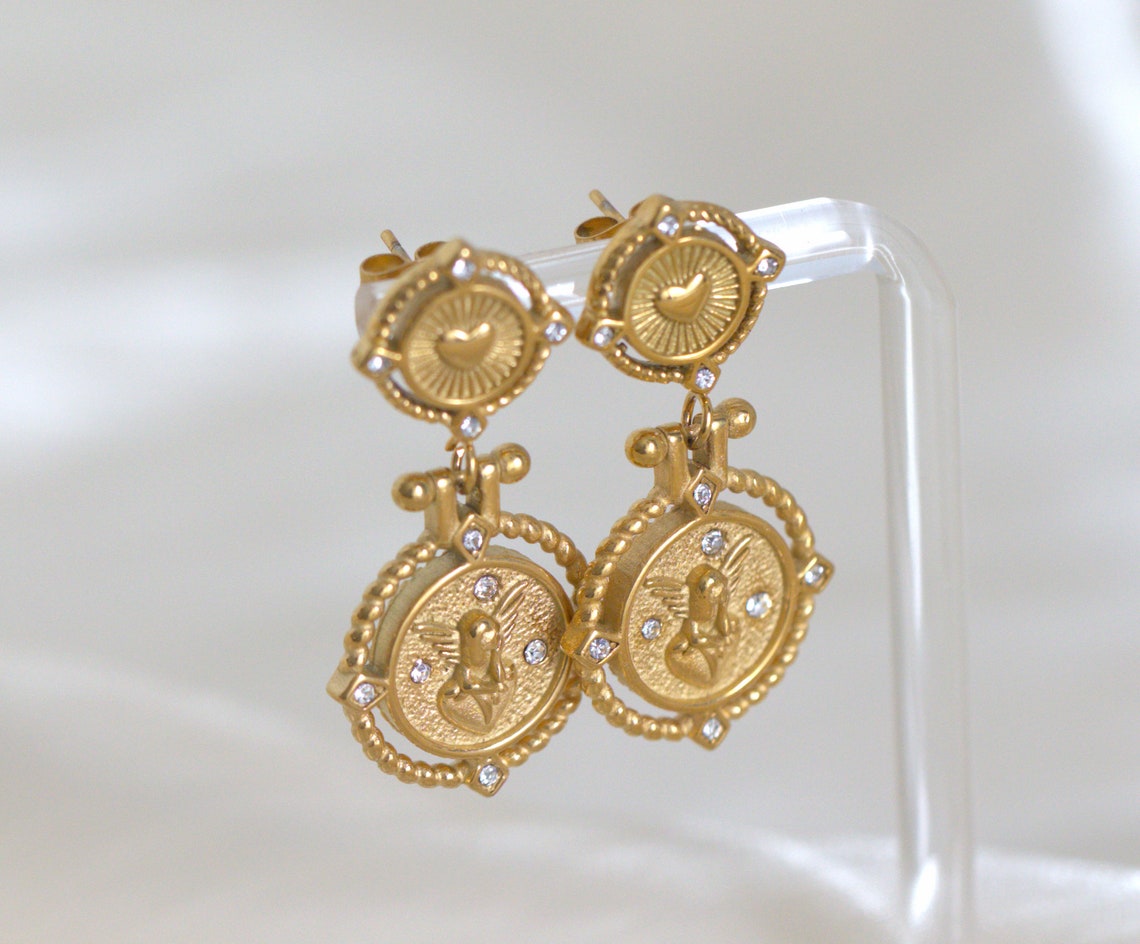 Intricate Heart Angel Design CZ Gold Stainless Steel Circle Medallion ...