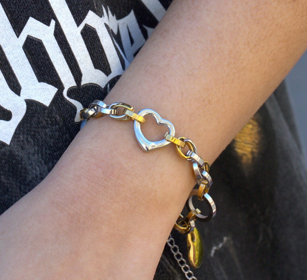 Heart Design Chain Link Charm Bracelet Two Toned Gold Silver Mixed ...