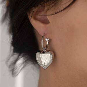 Gold or Silver Plated Large Puff Heart Hoop Earrings Dangle Charm 3D ...