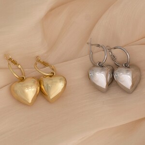 Gold or Silver Plated Large Puff Heart Hoop Earrings Dangle Charm 3D ...